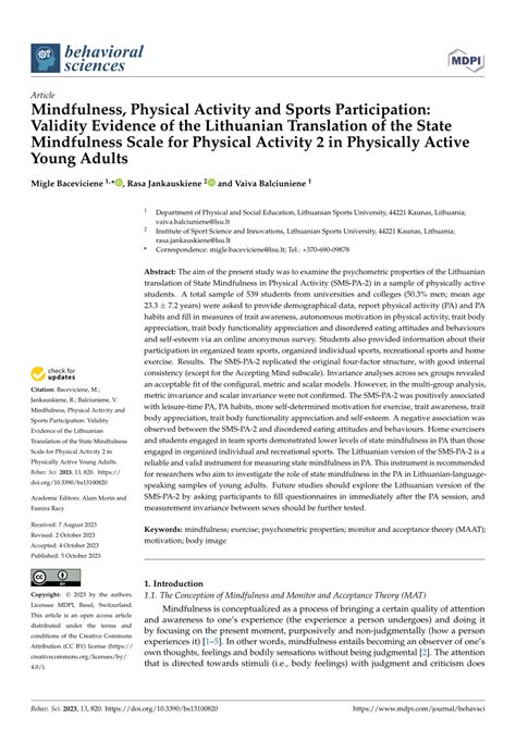 Pdf Mindfulness Physical Activity And Sports Participation Validity Evidence Of The