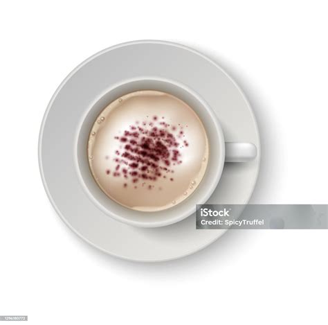 사실적인 커피 컵 카푸치노 위에서 흰색 머그잔 보기 우유와 뜨거운 음료 아침 카페인 향기드링크 광고 요소 3d 벡터 단일 고립 일러스트 3차원 형태에 대한 스톡 벡터 아트