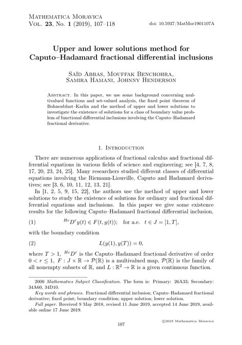 Pdf Upper And Lower Solutions Method For Caputo Hadamard Fractional