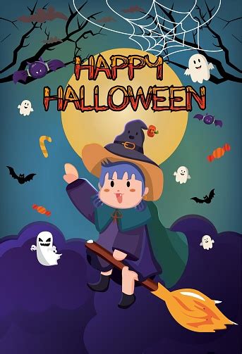 해피 할로윈 빗자루를 든 마녀는 유령 사탕 휴일 벡터 배경 그림 및 박쥐와 함께 하늘을 날아갑니다 10월에 대한 스톡 벡터 아트 및 기타 이미지 Istock