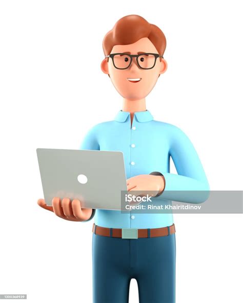 노트북을 들고 서있는 행복한 남자의 3d 그림 흰색으로 고립된 컴퓨터를 사용하여 만화 웃는 사업가의 초상화를 닫습니다 통신 사무실 개념에서 작업 3차원 형태에 대한 스톡