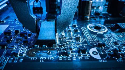 Macro Close Up Shot Of Factory Machine At Work Printed Circuit Board