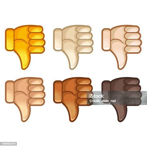 다른 분위기의 이모티콘 감성적인 엄지손가락 아래로 이모티콘 다양한 피부 톤의 손 세트 귀여운 만화 양식화된 벡터 만화 일러스트레이션 아이콘 흰색 배경에 격리 갈색에 대한