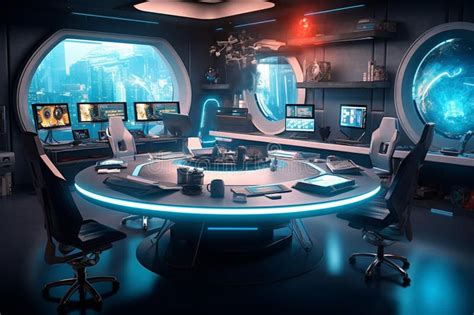 Ai Illustration Of A High Tech Science Lab Featuring A Desk With Four Computer Monitors On Top