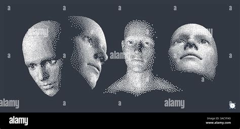 Four Human Faces Constructing From Particles Network Forming Ai Human Face Technology And