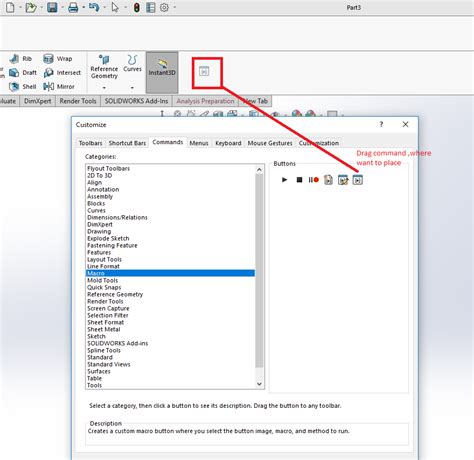 Design Tech Academy Add Macro Button Customize Command In Solidworks