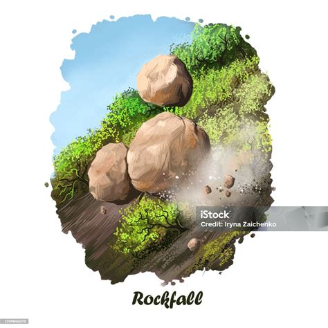 자연 재해의 록폴 디지털 아트 일러스트 산에서 돌을 떨어 뜨리고 도로의 막힘 바위 장애물 산사태 개념 극단적 인 공중 제비 지질 학 지진 작품 그림 거리에 대한 스톡 벡터