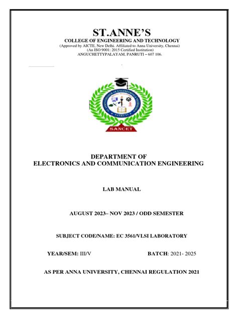 Ec3561 Vlsi Laboratory Pdf Field Programmable Gate Array Logic Gate