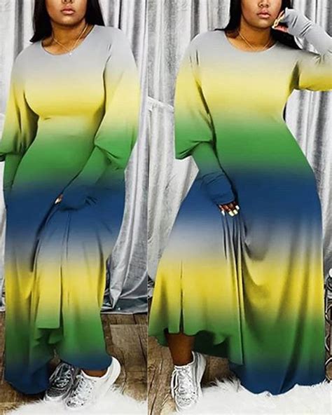 Plus Size Ombre Long Sleeve Maxi Dress