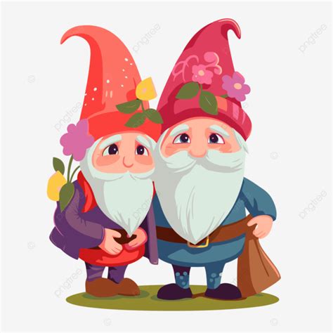 그놈 커플 벡터 스티커 클립 아트 커플 격리 된 흰색 배경 만화에 꽃과 잎으로 귀여운 웃는 격언 상표 클립 아트 Png 일러스트 및 벡터 에 대한 무료 다운로드