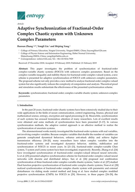 Pdf Adaptive Synchronization Of Fractional Order Complex Chaotic System With Unknown Complex