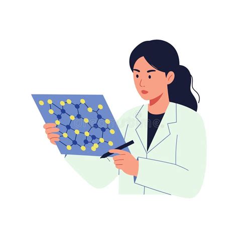 Female Scientist Studying Molecular Structure In Flat Style Focused Woman With Lab Coat Vector