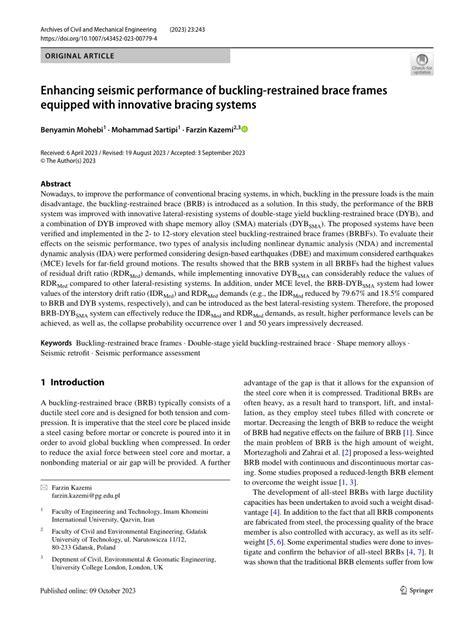 Pdf Enhancing Seismic Performance Of Buckling Restrained Brace Frames Equipped With Innovative