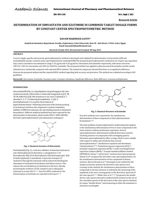 Pdf Determination Of Simvastatin And Ezatimibe In Combined Tablet Dosage Forms By Constant