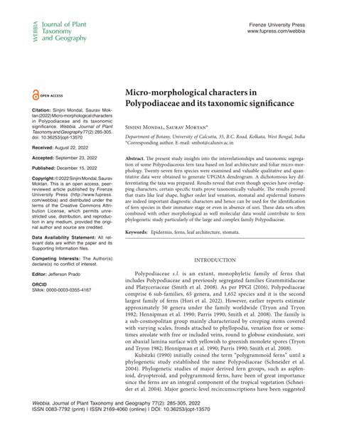 Pdf Micro Morphological Characters In Polypodiaceae And Its Taxonomic