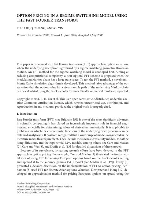 Pdf Option Pricing In A Regime Switching Model Using The Fast Fourier