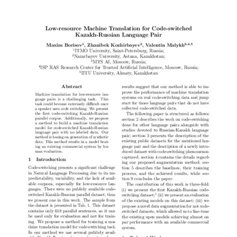 Low Resource Machine Translation For Code Switched Kazakh Russian Language Pair Acl Anthology