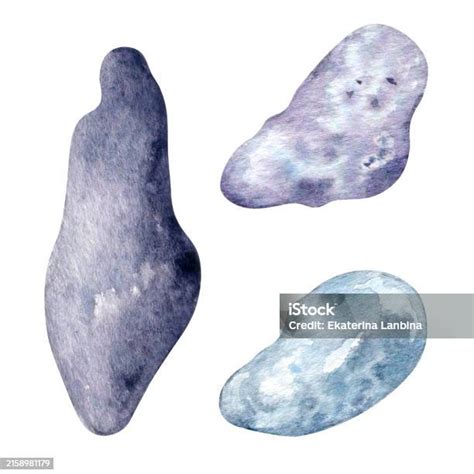 바다 돌 세트 수중 요소 에 의해 수채화 그림 백색에 고립되어 있습니다 회색 파란색 단색의 조약돌 타원형 손으로 그린 것 해양 조경 정원 디자인을위한 조약돌 강에 대한 스톡