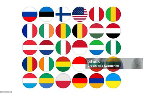 세계 원형 플래그 컬렉션입니다 큰 세트 30 높은 품질의 깨끗한 둥근 아이콘 배지 또는 버튼 올바른 색 구성표를 수정합니다 국가 기호입니다 템플릿 디자인 벡터 그림 3차원