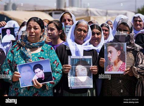 Zakho Iraq 01st Aug 2024 Iraqi Yazidi Women Hold Pictures Of Their