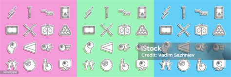 당구 공 당구 랙 삼각형의 공 당구대 브러시 교차 큐 및 분필 아이콘으로 라인 위치를 설정합니다 벡터 8에 대한 스톡 벡터 아트 및 기타 이미지 Istock