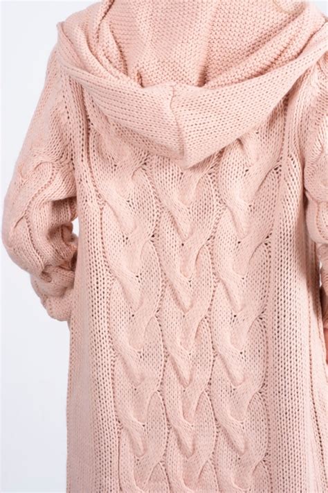 Pink Hooded Cable Knit Longline Cardigan Justyouroutfit