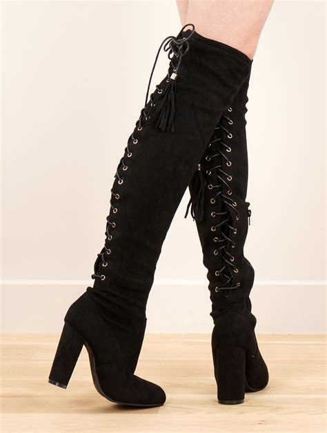 Bottes Cuissardes à Lacet Et Talons Hauts Faux Cuir Noir Goth Abrahel