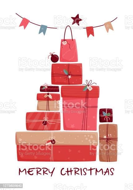 흰색으로 고립 된 장식 요소와 빨간색 톤의 포장 선물 상자의 큰 더미 12월에 대한 스톡 벡터 아트 및 기타 이미지 12월 갈란드 장식품 개념 Istock