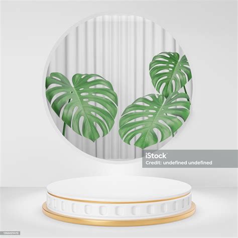 화장품 디스플레이 제품 스탠드 화이트 로마 원형 실린더 연단 과 녹색 잎 배경 원 창 3d 렌더링 그림 0명에 대한 스톡 사진 및 기타 이미지 Istock