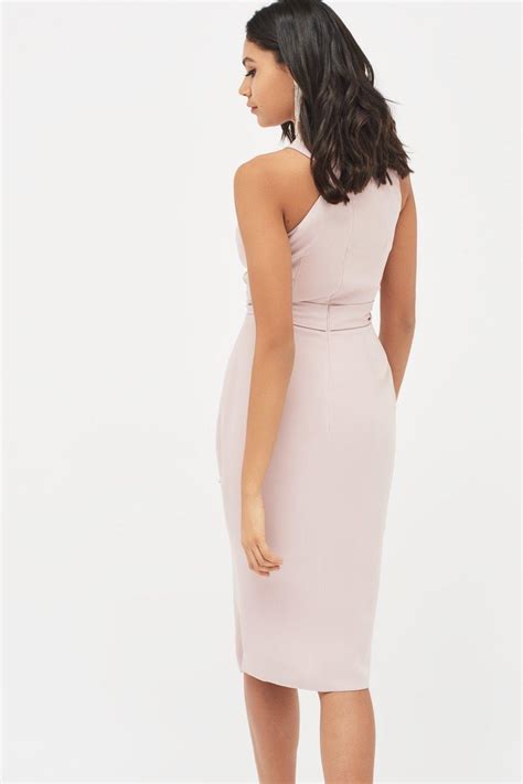 Lavish Alice Synthetic Halter Neck Wrap Front Midi Dress In Dusty Pink