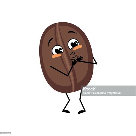 사랑의 감정 미소 얼굴 팔과 다리가있는 커피 콩 캐릭터 행복한 표정과 포즈를 가진 음식 사람 벡터 플랫 일러스트 레이 션 가공의 인물에 대한 스톡 벡터 아트 및 기타 이미지