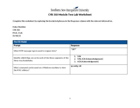 CYB 310 Module Two Lab Worksheet OSI Model Network Protocols Studocu