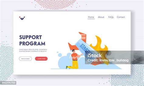 지원 프로그램 방문 페이지 템플릿입니다 회사 창업 아이디어에 슬픈 사업가 실패 충격을 받은 사업가 그림 Launch Party에 대한 스톡 벡터 아트 및 기타 이미지