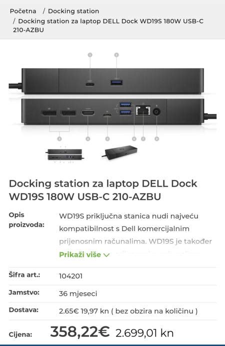 Docking Station Za Laptop Dell Dock Wd S W Usb C