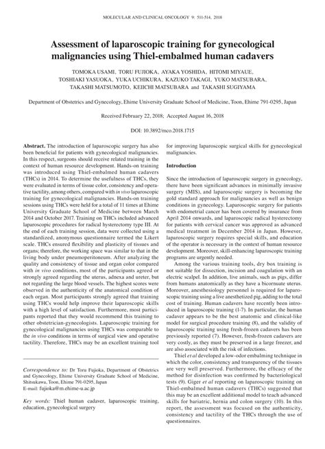 Pdf Assessment Of Laparoscopic Training For Gynecological Malignancies Using Thiel‑embalmed