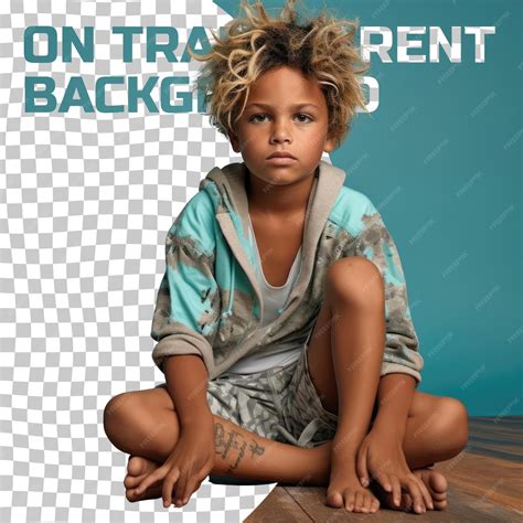 오스트레일리아 원주민 인종의 짧은 머리카락을 가진 혐오스러운 유치원 소년은 서핑 파도 의상을 입고 파스텔 스카이 B에 대항하여 바닥 스타일의 앉아있는 십자가로 포즈를