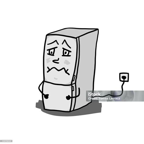 재미 화가 냉장고 마스코트 슬픈 얼굴을 가진 아이스 박스 캐릭터의 만화 디자인 격리벡터 드로잉 냉장고의 손으로 그린 낙서 흰색 배경에 만화 그림 냉장고에 대한 스톡 벡터
