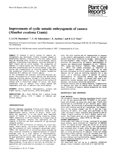 Pdf Improvements Of Cyclic Somatic Embryogenesis Of Cassava Manihot