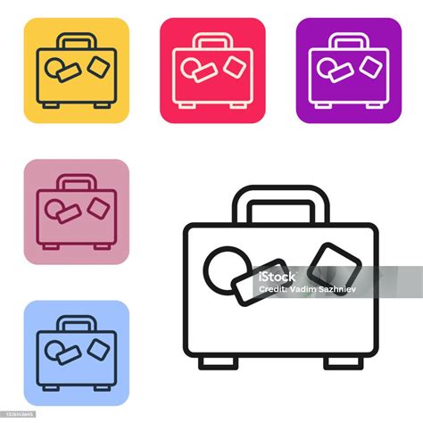 흰색 배경에 격리 된 여행 아이콘에 대한 검은 줄 가방 여행 수하물 표지판 여행 수하물 아이콘 색상 정사각형 단추로 아이콘을 설정합니다 벡터 가방에 대한 스톡 벡터 아트 및