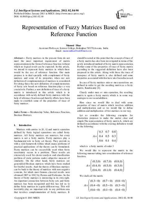 Pdf Representation Of Fuzzy Matrices Based On Reference Function