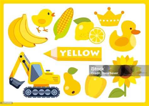 색상 학습을 위한 노란색 만화 그림 아이들을 위한 귀여운 노란색 물건 바나나 닭고기 옥수수 오리 레몬 왕관 굴삭기 배 후추 해바라기 닭에 대한 스톡 벡터 아트 및 기타