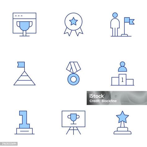 우승자 아이콘 세트입니다 라인 이중톤 스타일 편집 가능한 스트로크 최고의 직원 메달 트로피 상 목표 깃발 승리 Championship에 대한 스톡 벡터 아트 및 기타 이미지