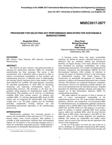 Pdf Procedure For Selecting Key Performance Indicators For Sustainable Manufacturing