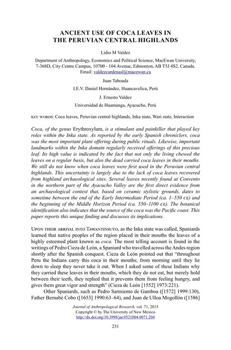 [pdf] Ancient Use Of Coca Leaves In The Peruvian Central Highlands