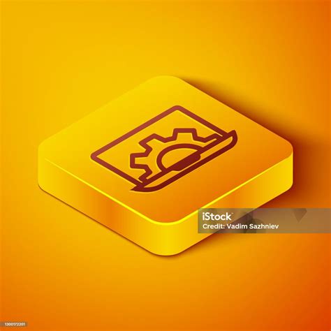 주황색 배경에서 격리된 등소 라인 소프트웨어 웹 개발 프로그래밍 개념 아이콘 화면 랩톱에서 언어 및 프로그램 코드를 프로그래밍합니다 노란색 사각형 버튼입니다 벡터 아이콘에