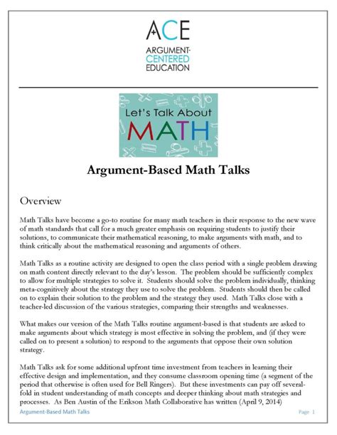 Argument Based Math Talks Argument Centered Education