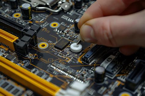 A Hand Carefully Installs A Component On A Computer Motherboard Surrounded By Circuits And