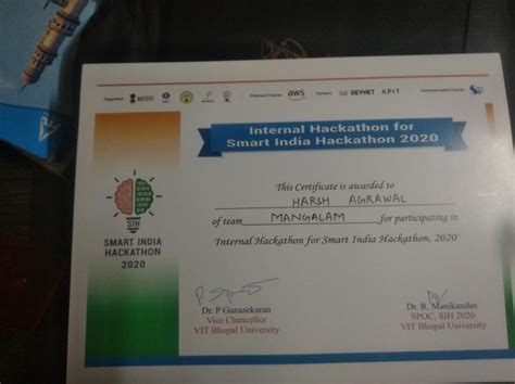 Harsh Agrawal On Linkedin Got Certificate For Appreciation In Smart India Hackathon In