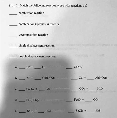10 Match The Following Reaction Types With Reactions A F Combustion
