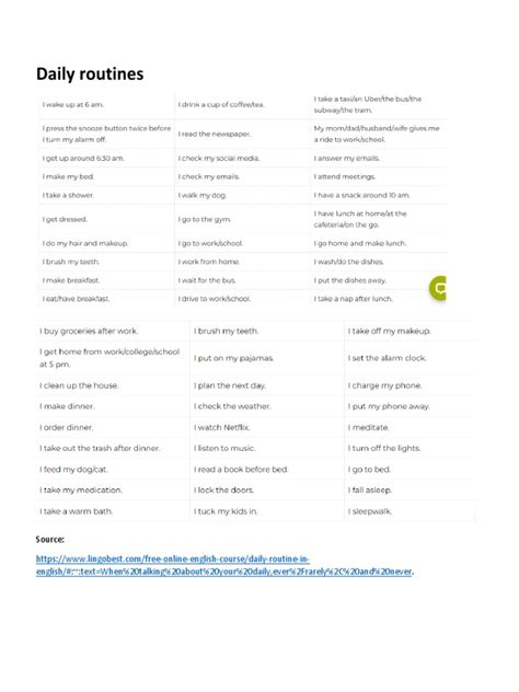 daily routines examples pdf